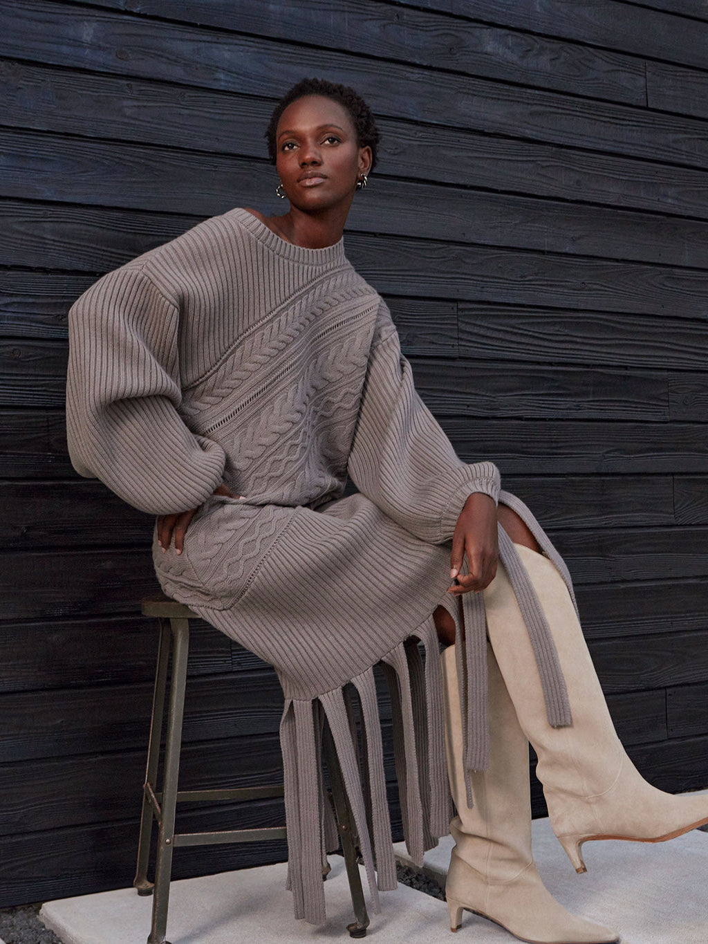 Oversized Cable Knit Wool Blended Sheath Maxi Dress – meison