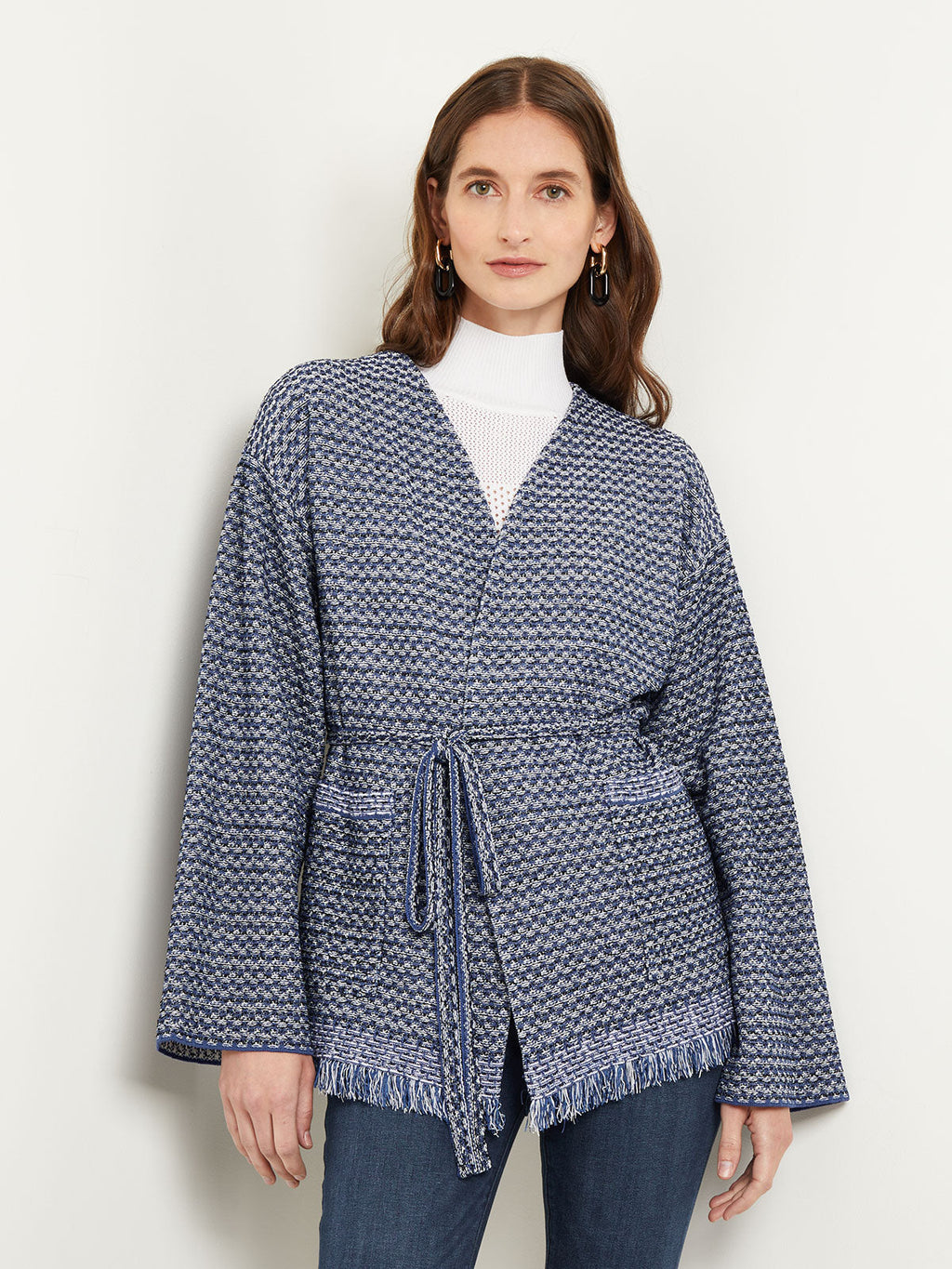 Tie-Waist Fringe Trim Intarsia Knit Cardigan – meison