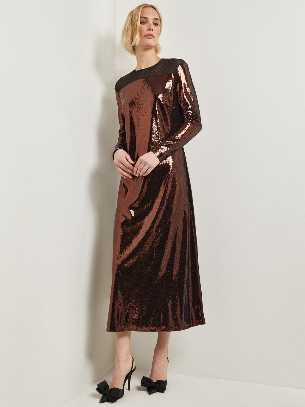 Modern Fit Sheer Shoulder Sequin A-Line Maxi Dress – meison