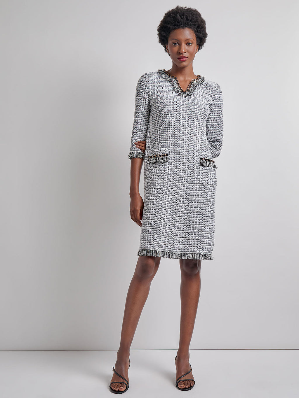 Chain & Fringe Trim Tweed Knit Shift Dress - Vanity Fit – meison