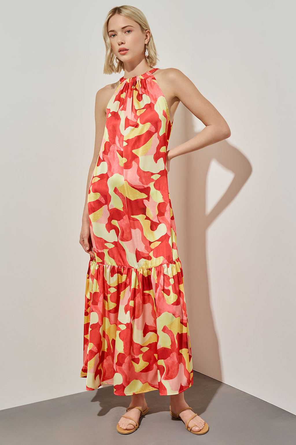 Flounced Maxi Dress - Crepe de Chine, Multi-Color Abstract – meison