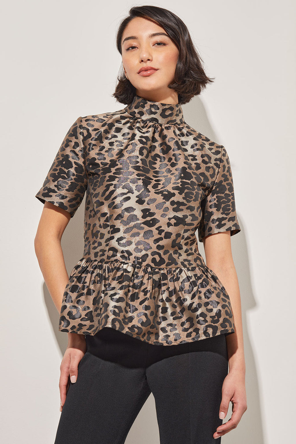 Modern Fit Leopard Print Peplum Blouse - Mock Neck Woven – meison