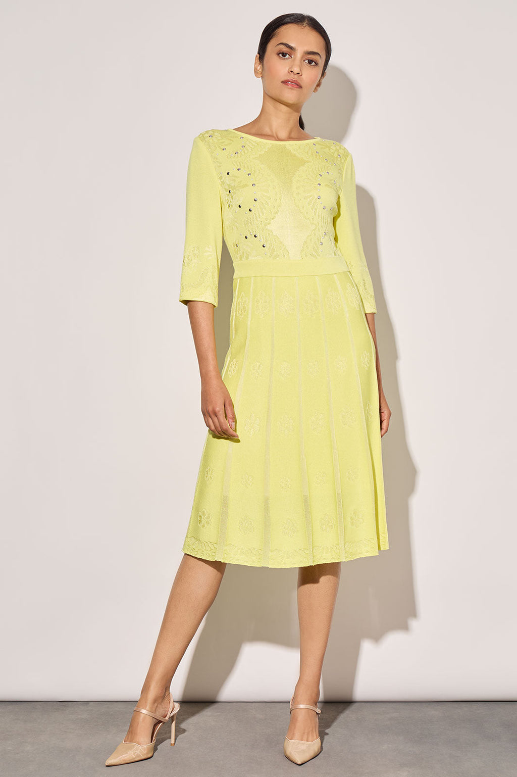 Soft Knit Fit-N-Flare Embellished Midi Dress | Ming Wang – meison